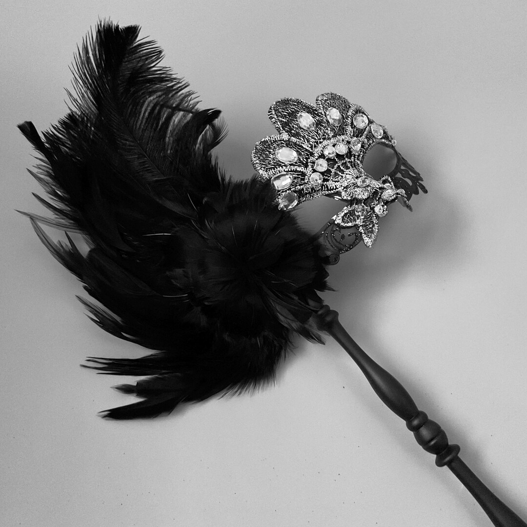 Black Silver Masquerade Feather Mask With Handle Stick Silk Floral ...