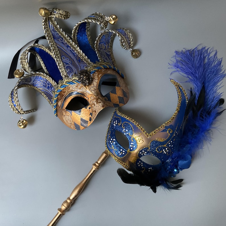 Harlequins Gold Blue Masquerade Feather Jolly Jester Mask: Classic ...