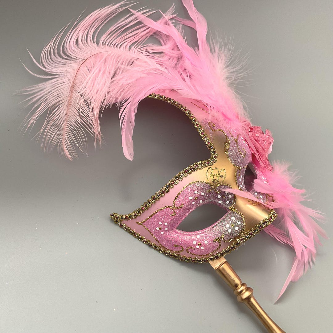 Pink Masquerade Feather Mask With Handle Stick Silk Floral Christmas ...
