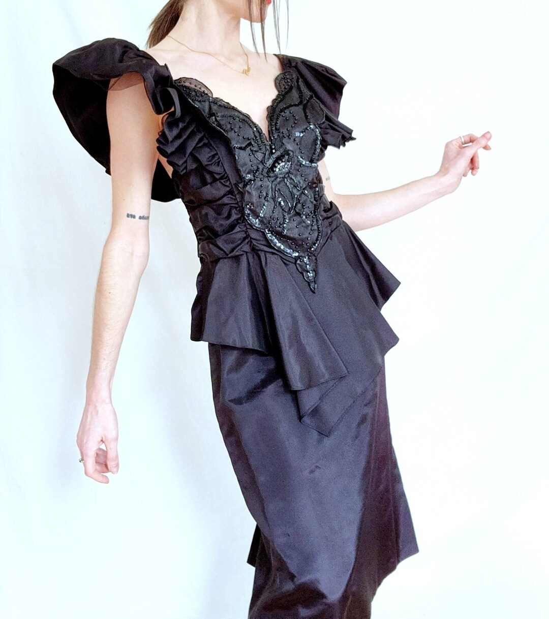 1980s Vintage Gothic Black Taffeta Cocktail Dress, Karen Okada Climax ...