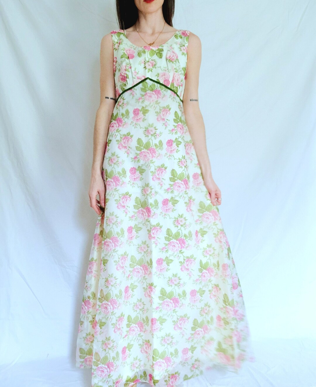 1960s Maxi Dress, 60s Floral Dress, Vintage Emire Waist Dress, Floral ...