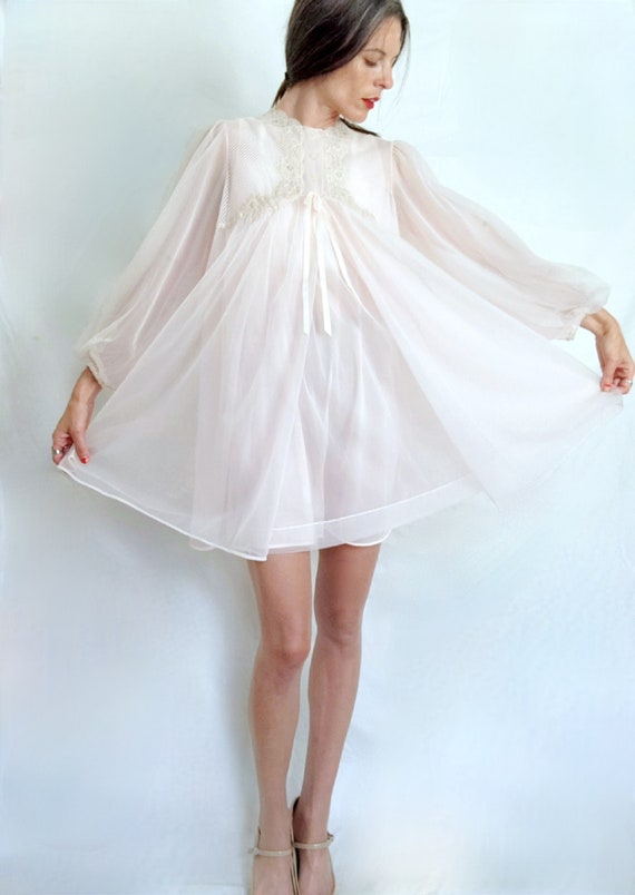 1960s Vintage White Chiffon Peignoir Set French Maid 1960s Chiffon