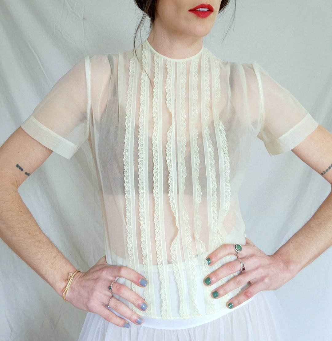 1940s Vintage Blouse, Sheer Lace Top, See Through Back Button Blouse, Short Sleeves, XS, Light ...