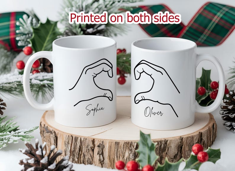 Personalized Hand Heart Couple Mug Set, Minimal Line Art Coffee Mug ...