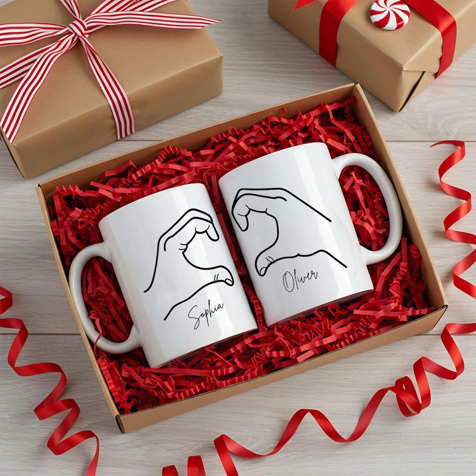 Personalized Hand Heart Couple Mug Set, Minimal Line Art Coffee Mug ...