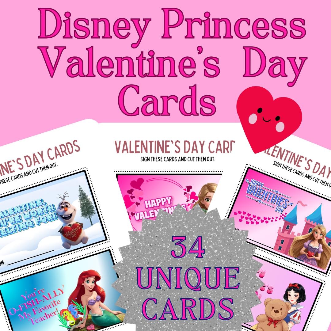Disney Princess Valentine’s Day Cards – Digital Download (34 Cards!) - Etsy