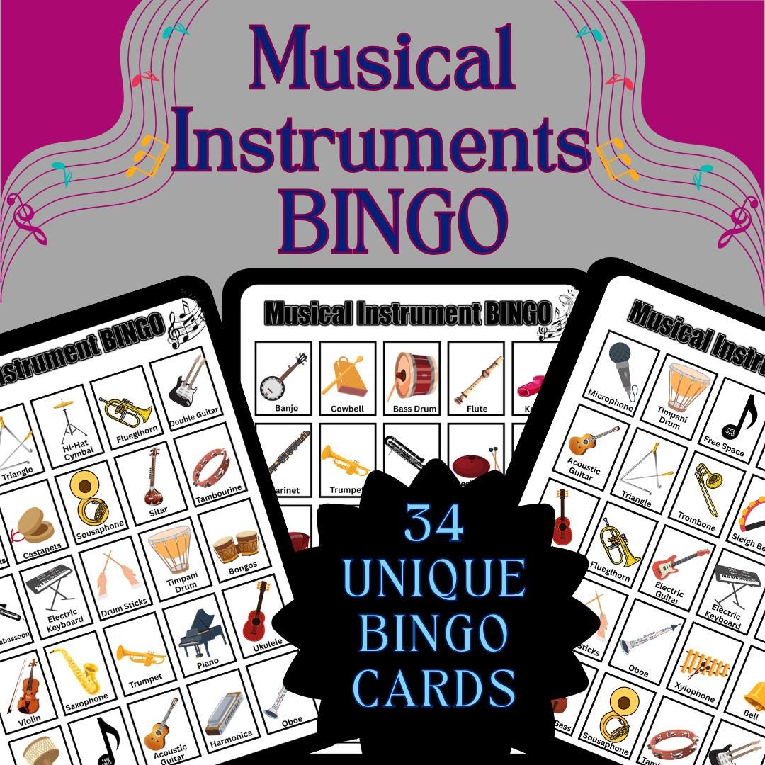 Musical Instruments BINGO Printable • 34 Unique Cards • 47 Instrument ...