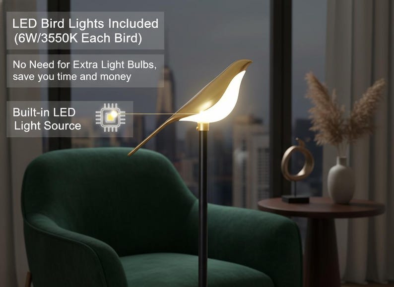 Mid Century Modern Gold Floor Lamp With Shelf, LED Bird Lights - Etsy