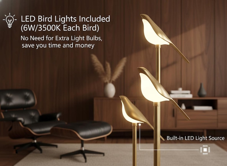 Mid Century Modern Gold Floor Lamp With Shelf, LED Bird Lights - Etsy