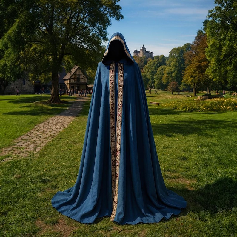 Medieval Renaissance Hooded Cloak | Embroidered Trim Viking Robe ...