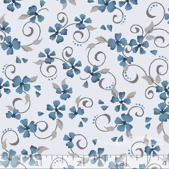 Silver & Blue Floral Poly Cotton Fabric - Etsy