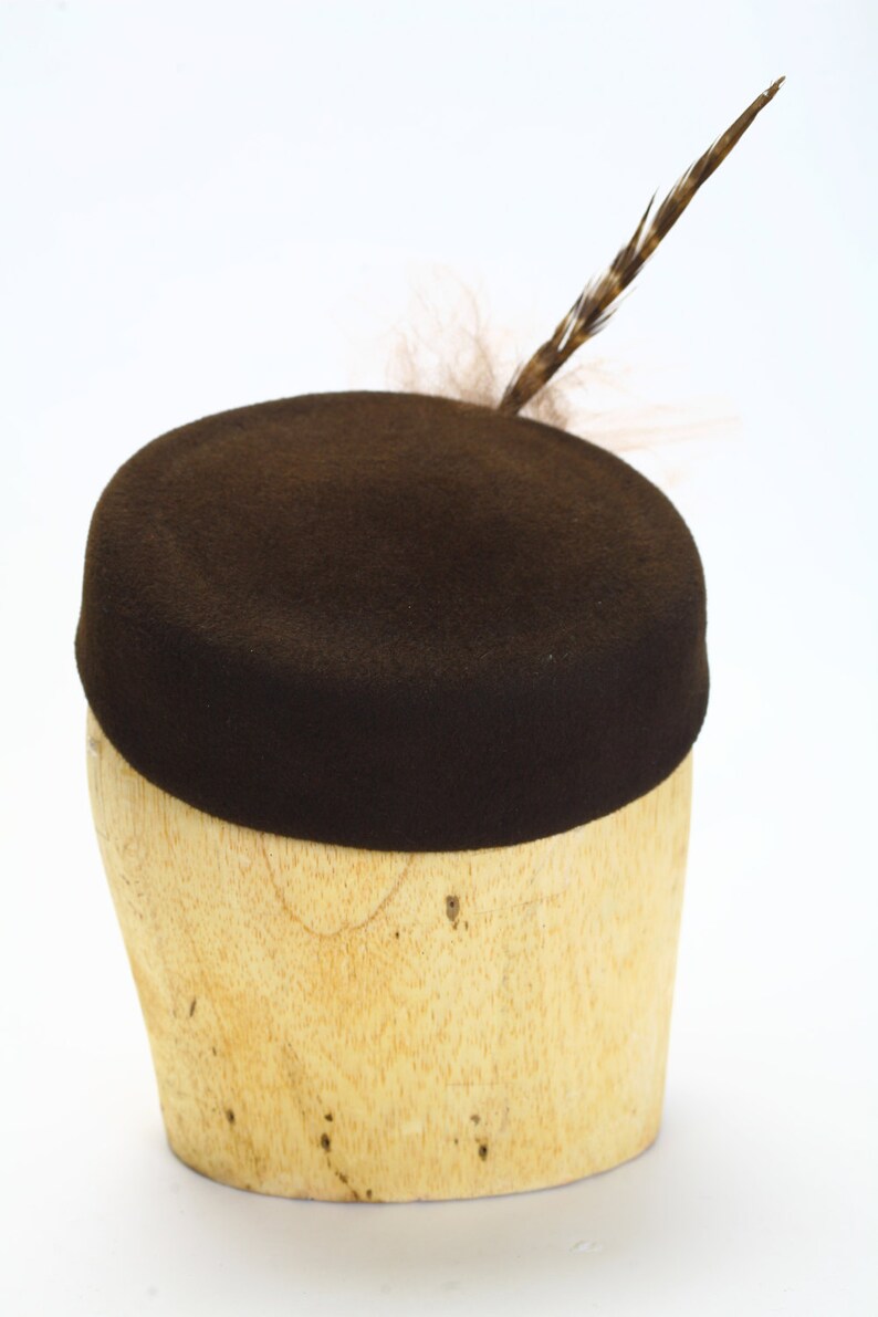 Brown Velour Fur Felt Pillbox Hat with Pheasant Feather Silk | Etsy