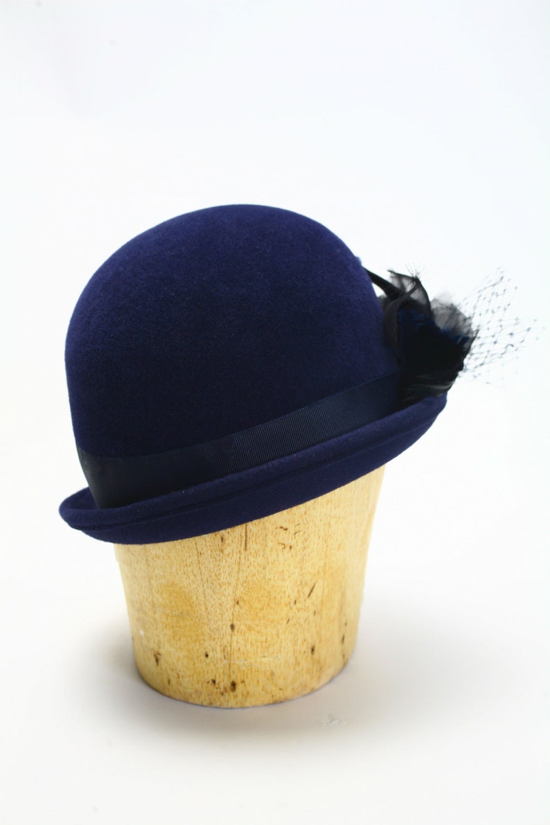 Navy Blue Velour Fur Felt Flapper Cloche Winter HatGrosgrain | Etsy
