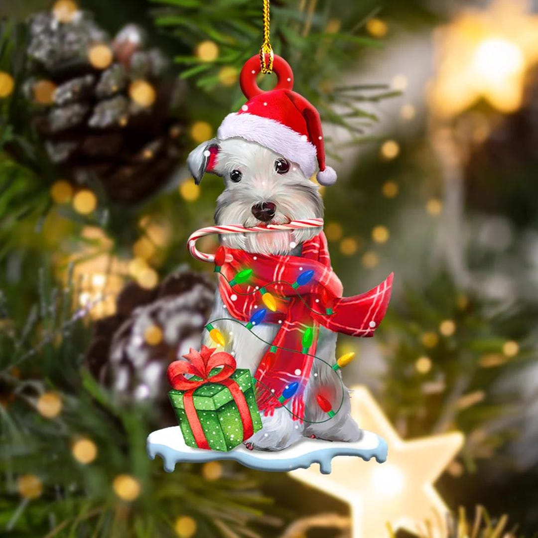 White Dog Christmas Ornament, Cute Puppy With Candy Cane and Lights ...