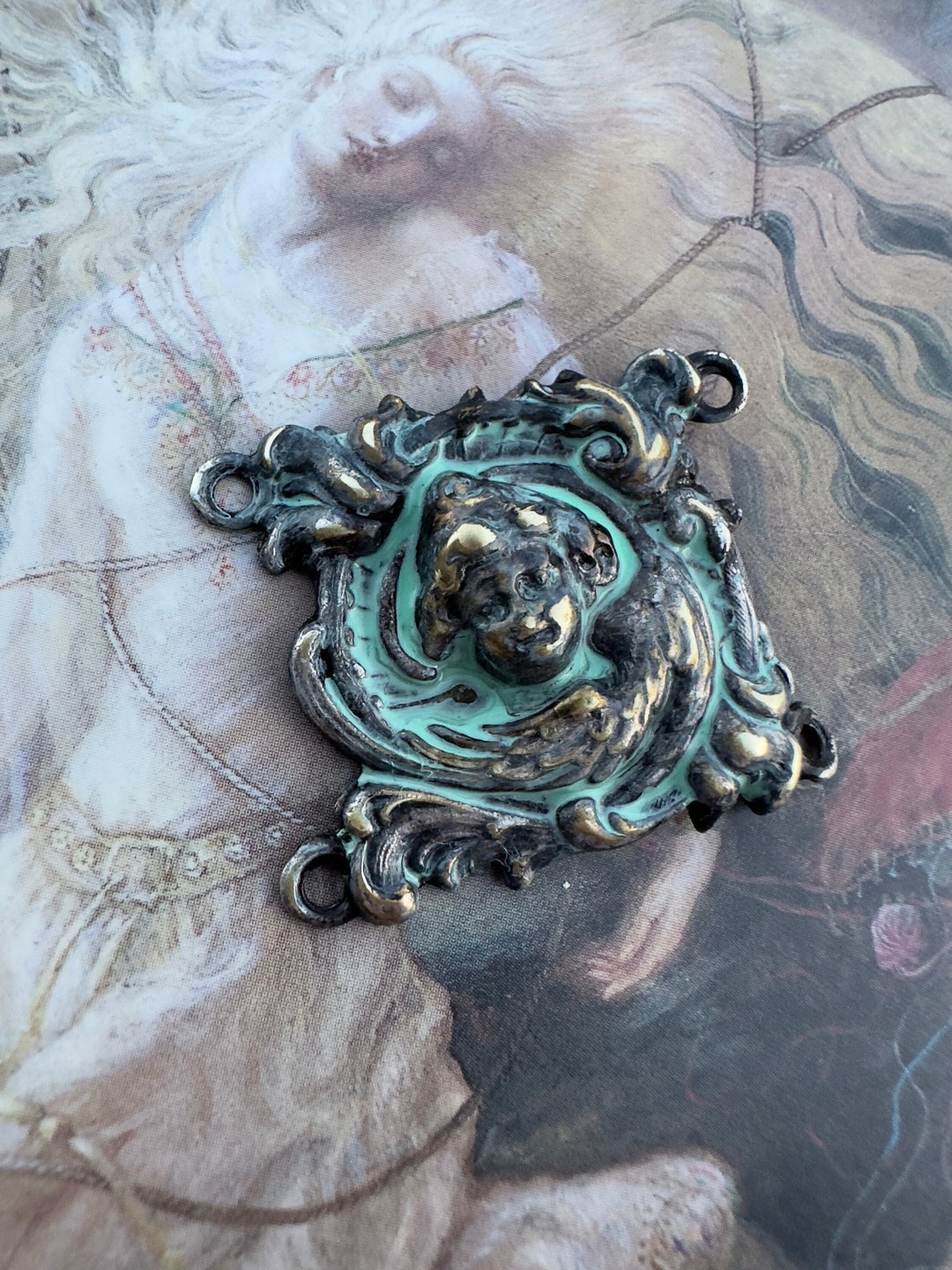 Vintage Solid Brass Hand Enameled Cherub Wings Nouveau Pendant Necklace ...