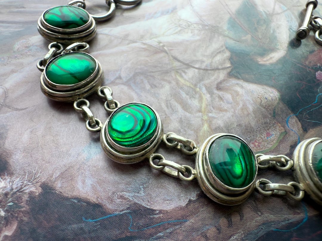 Vintage Paua Bright Green Abalone Sterling Linked Bracelet 7.5 to 8.5 ...