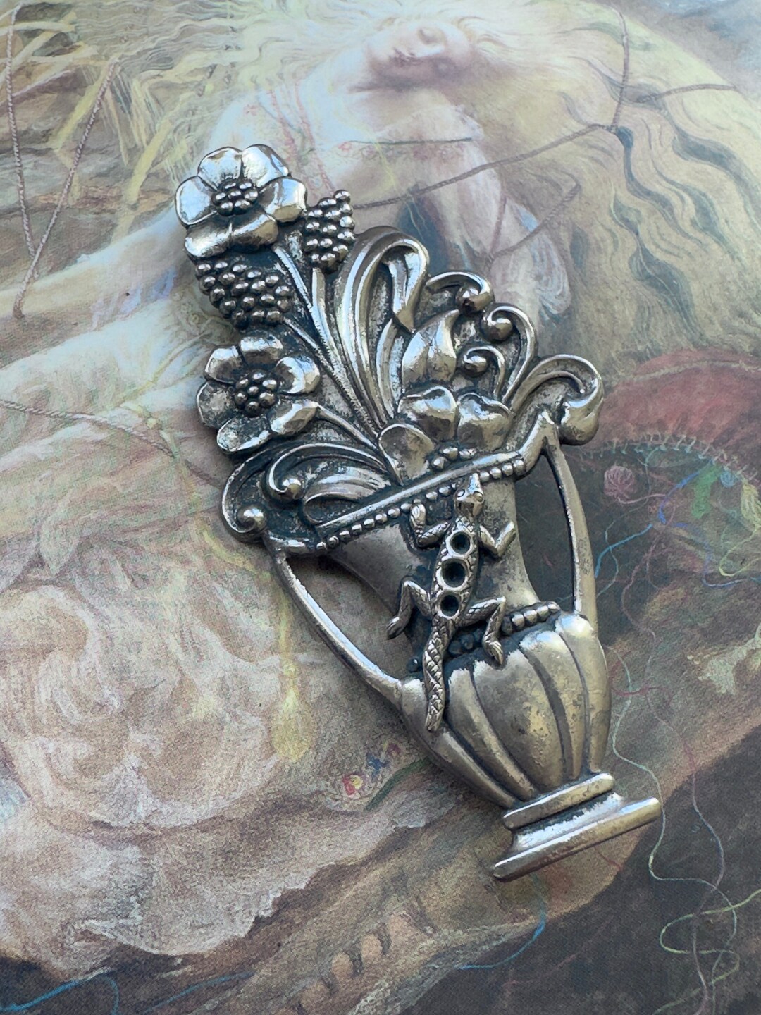 Vintage Rare France Deco Vase Lizard Brooch Pin Repousse Gorgeous - REF ...