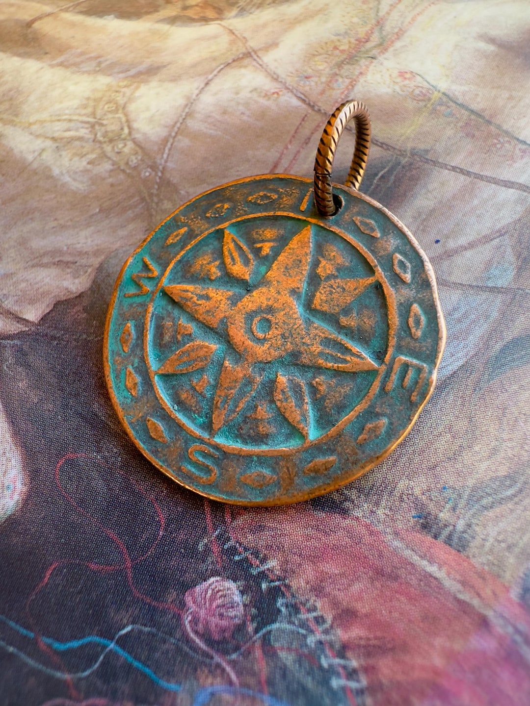 Vintage Hand Enameled Compass Verdigris Copper Plt Pendant Necklace ...
