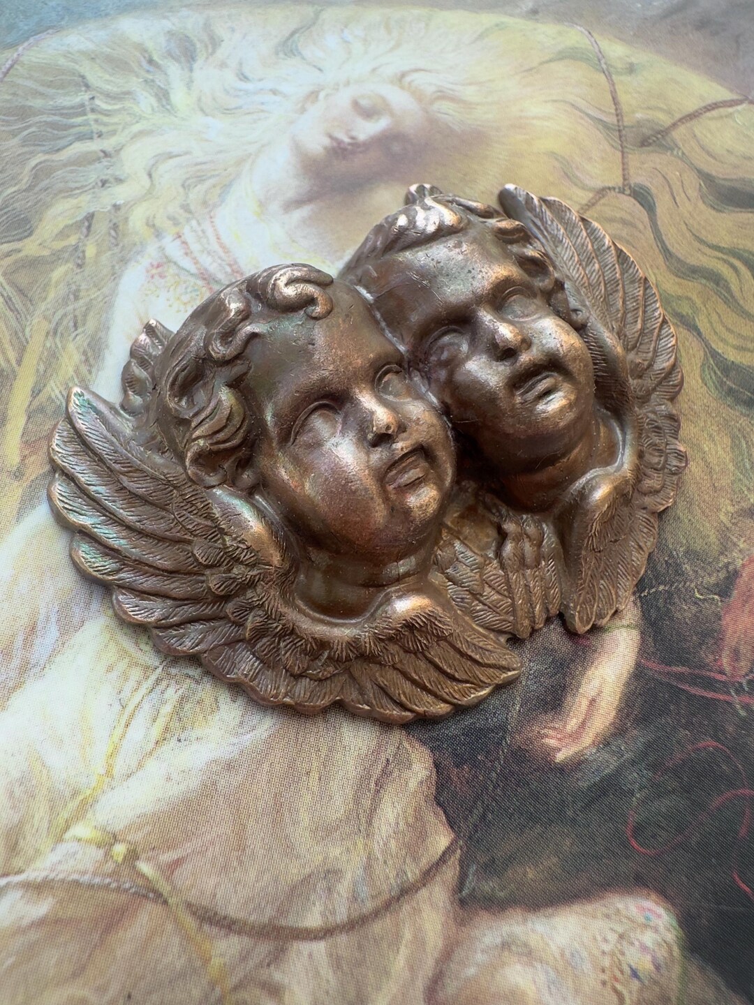 Vintage Rare Very Old Solid Brass Repousse Winged Double Cherub Cupid ...