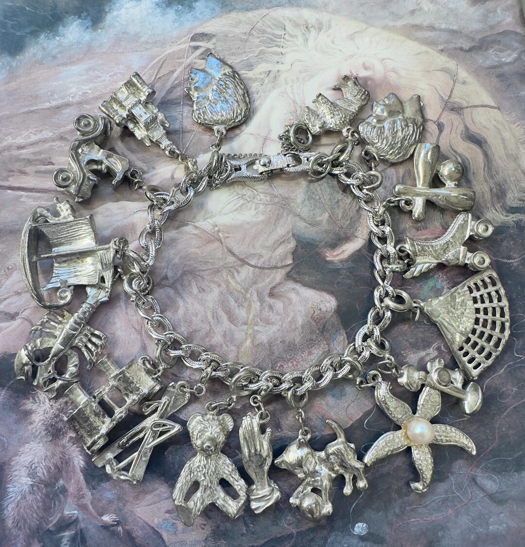 Vintage Monet Charm Bracelet, Loaded With Charms, Silvertone Bracelet 7 ...