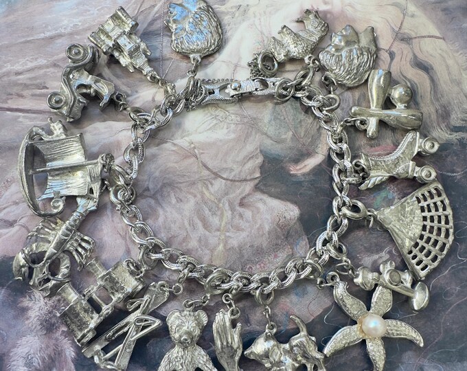 Vintage Monet Charm Bracelet, Loaded With Charms, Silvertone Bracelet 7 ...