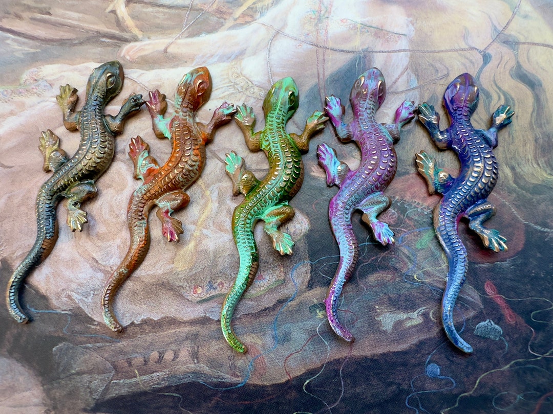 Vintage Solid Brass Art Deco Lizard Raku Cold Enamel Pendant Findings ...