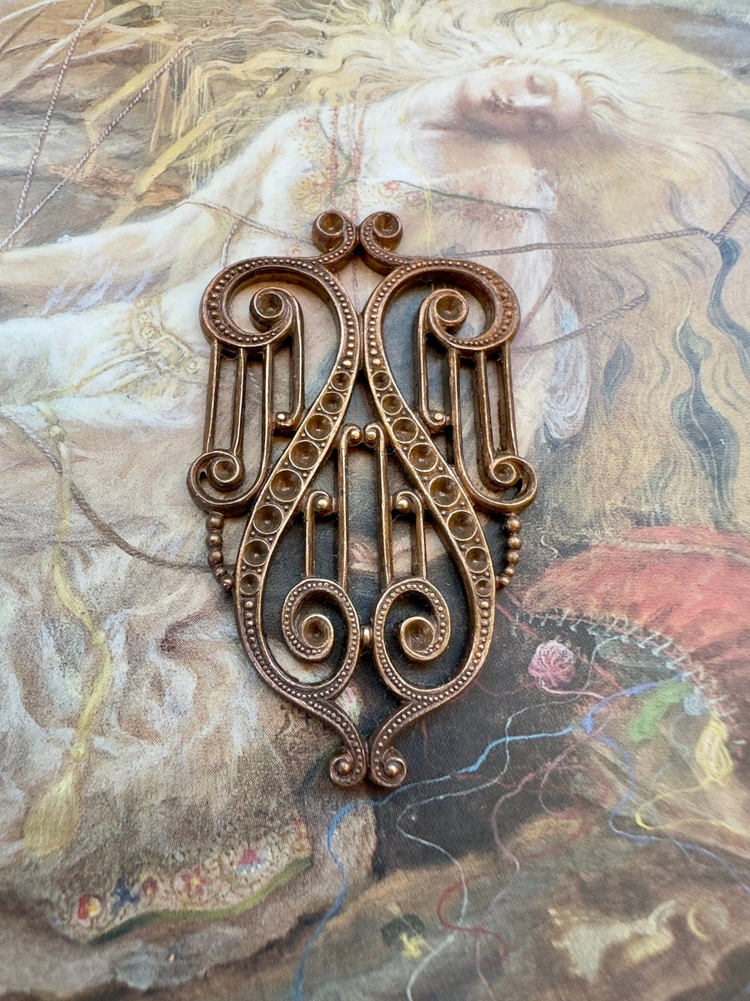 Vintage RARE Old Brass Harp Music Ornate Art Deco Pave Pendant Findings ...