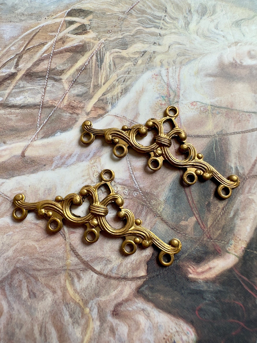 2 Beautiful OLD Ornate Vintage Brass Floral 5 Loop Connector Pendants ...