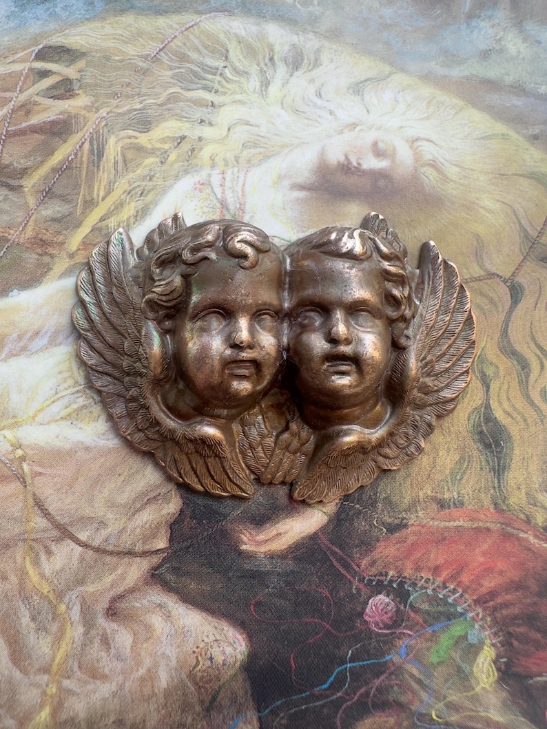 Vintage Rare Very Old Solid Brass Repousse Winged Double Cherub Cupid ...