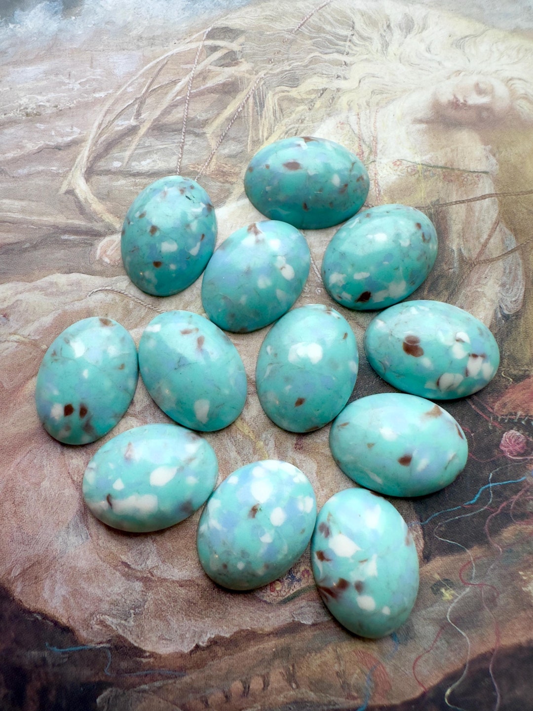 12 Vintage 70s LUCITE Swirl Marbled Robins Egg Turquoise Cabochons ...