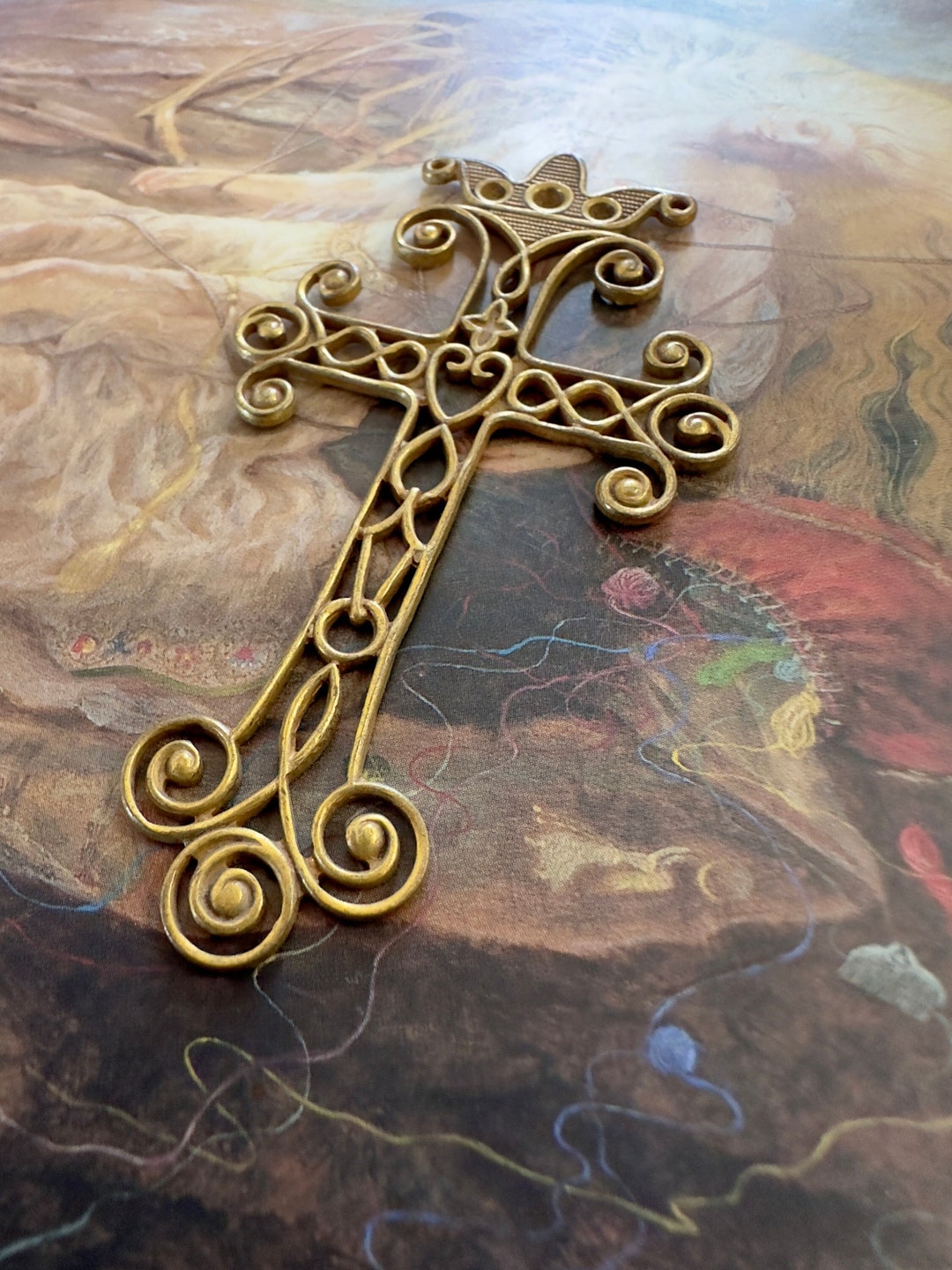 Vintage Miriam Haskell Solid Brass Ornate Openwork Cross 3 1/8” Pendant ...