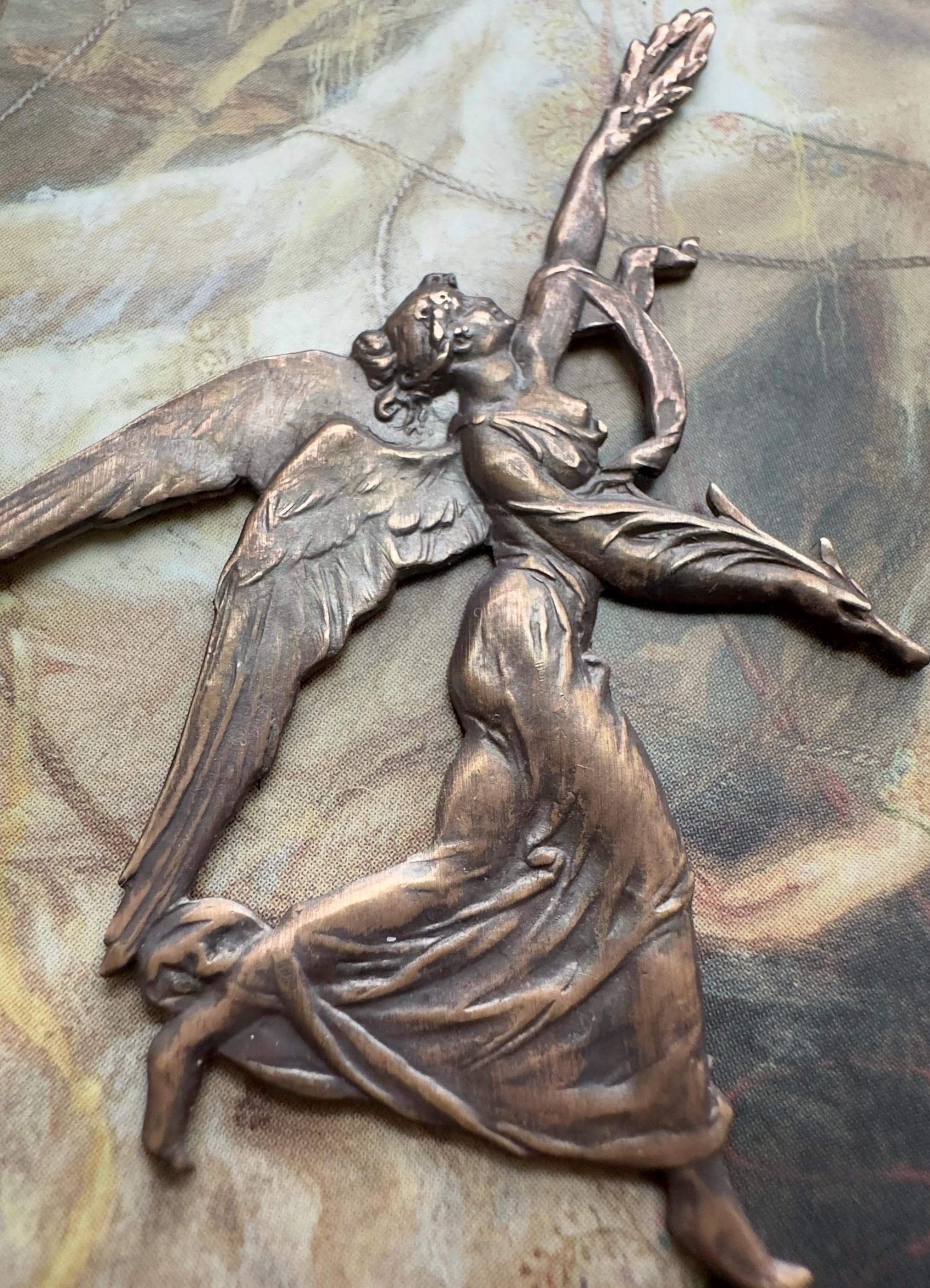 Vintage RARE Old Brass AMAZING Angel Bird Nouveau Woman Goddess Ribbon ...