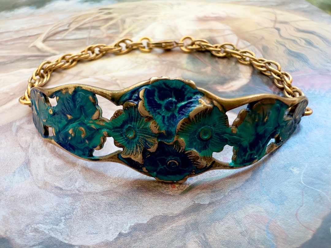Vintage Very Old Solid Brass Floral Stamping UPCYCLED Enamel Bracelet ...
