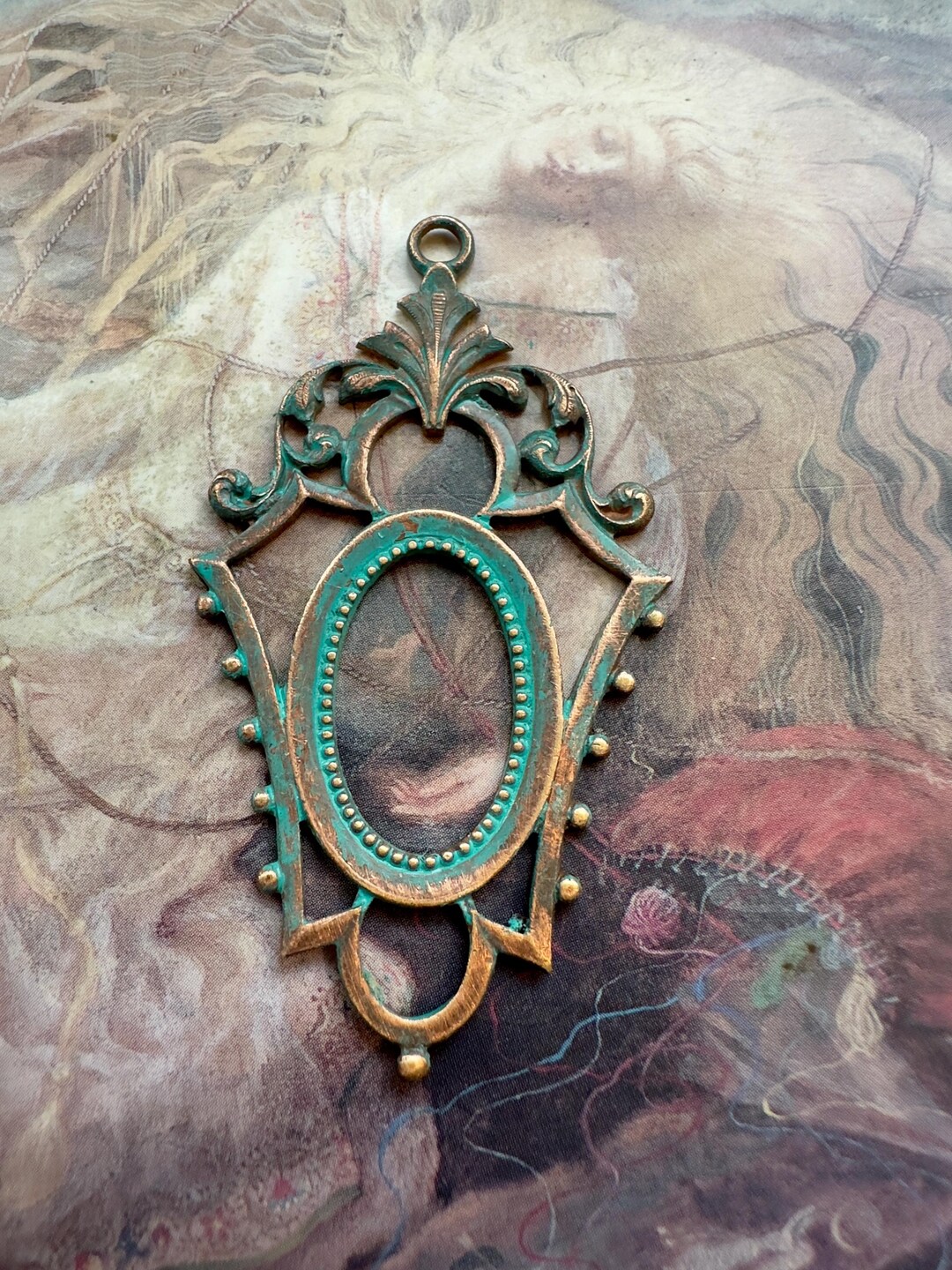 Vintage RARE Old Brass Verdigris Cold Enamel Openwork Pendant Findings ...