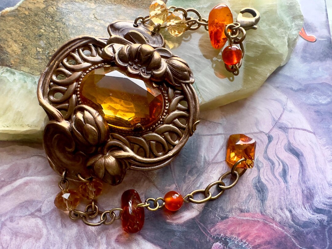 Vintage Amber & Topaz Czech Glass Stone UPCYCLED Vintage Filigree Lotus ...