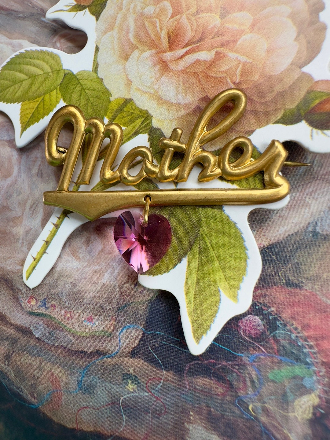 Vintage Solid Brass MOTHER Pin Brooch Swarovski Pink Heart LOVE Mother ...