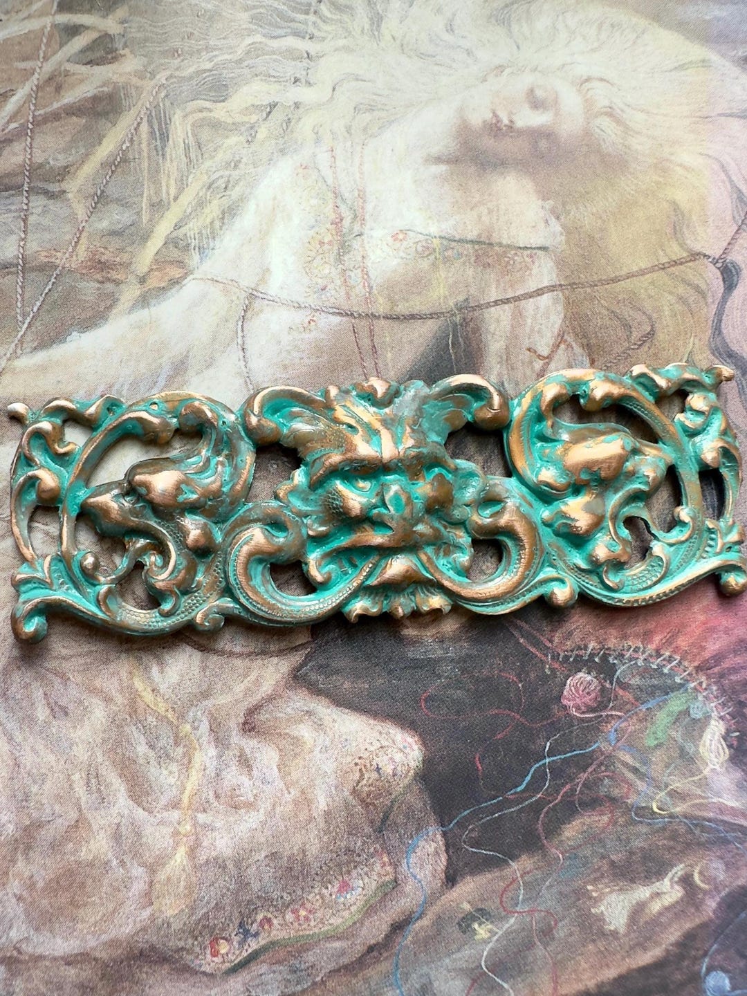Vintage Old Solid Brass Verdigris Gargoyle Lion Devil Faces Cold Enamel ...