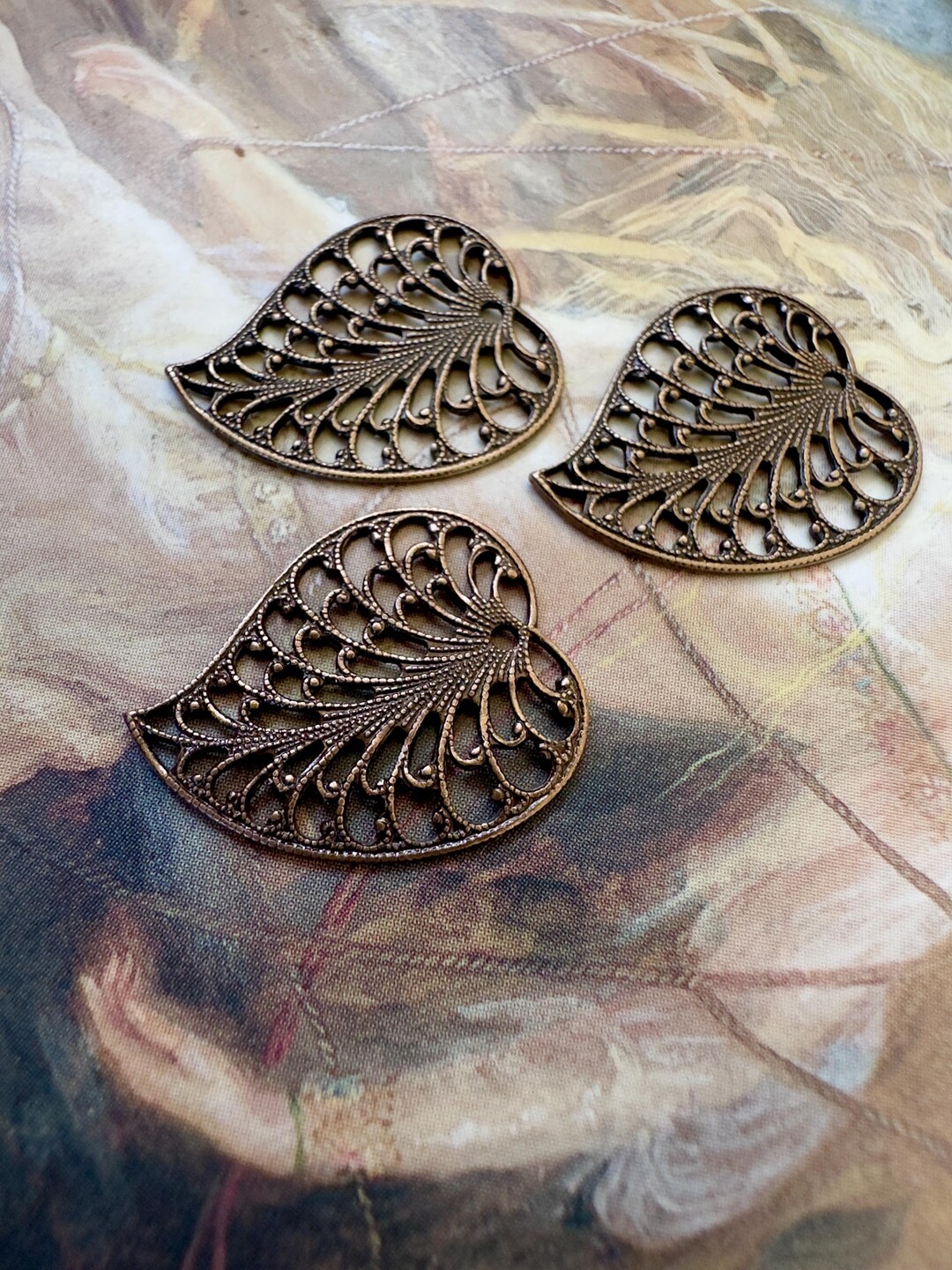MIRIAM HASKELL 3 Vintage Old Bronze Plated Filigree Leaf Deco Charms ...