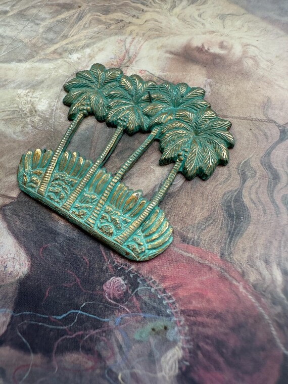 Vintage Solid Brass Hand Enameled Palm Tree Pendant N… - Gem