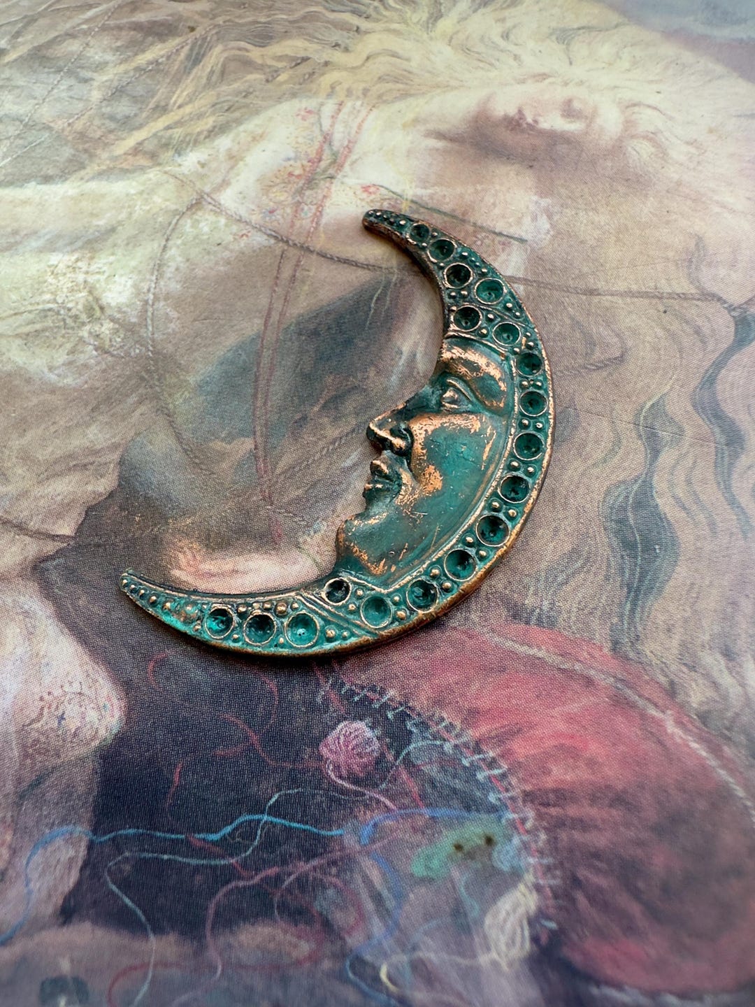 Vintage RARE Verdigris Brass Man in the MOON Art Deco Pave Pendant ...