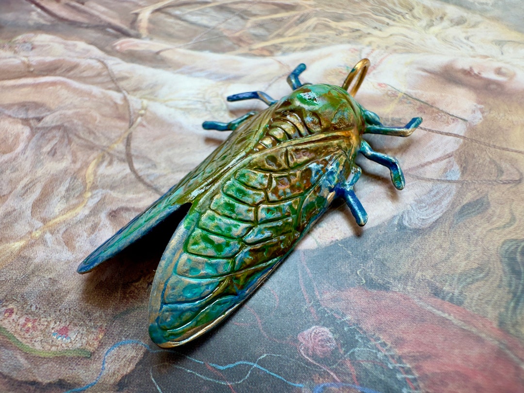 Vintage Tooled Solid Brass Cicada Locust Enamel Pendant for Necklace ...