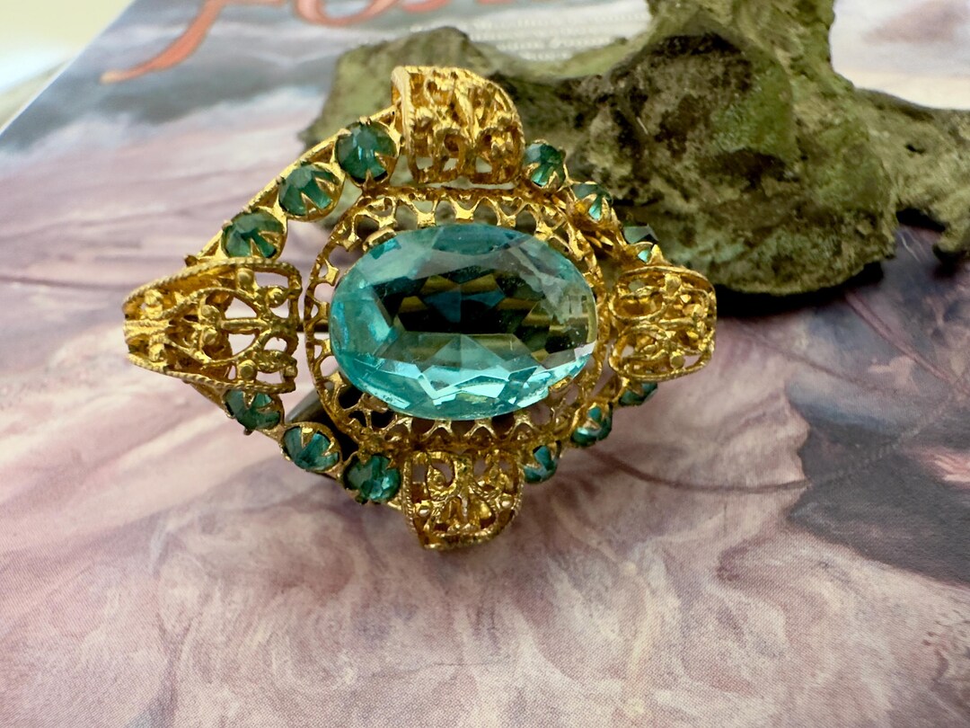 Vintage 20s Filigree Aqua Glass Brooch Czechoslovakia Faceted Czecho 1 ...