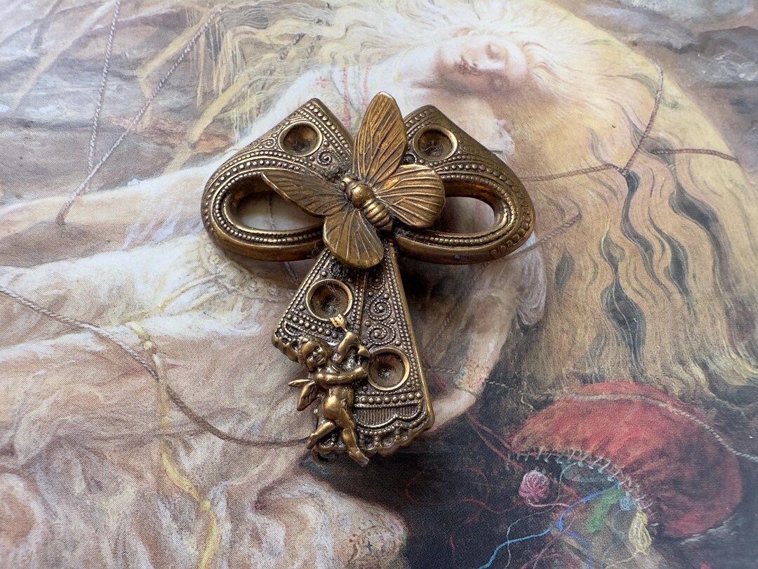 Vintage Deco Butterfly Bow Cherubs Brooch Pin Solid Brass Repousse ...