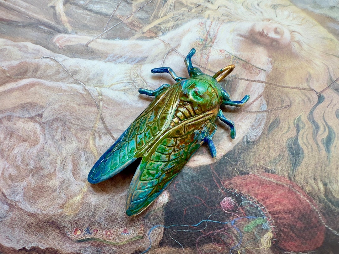 Vintage Tooled Solid Brass Cicada Locust Enamel Pendant for Necklace ...