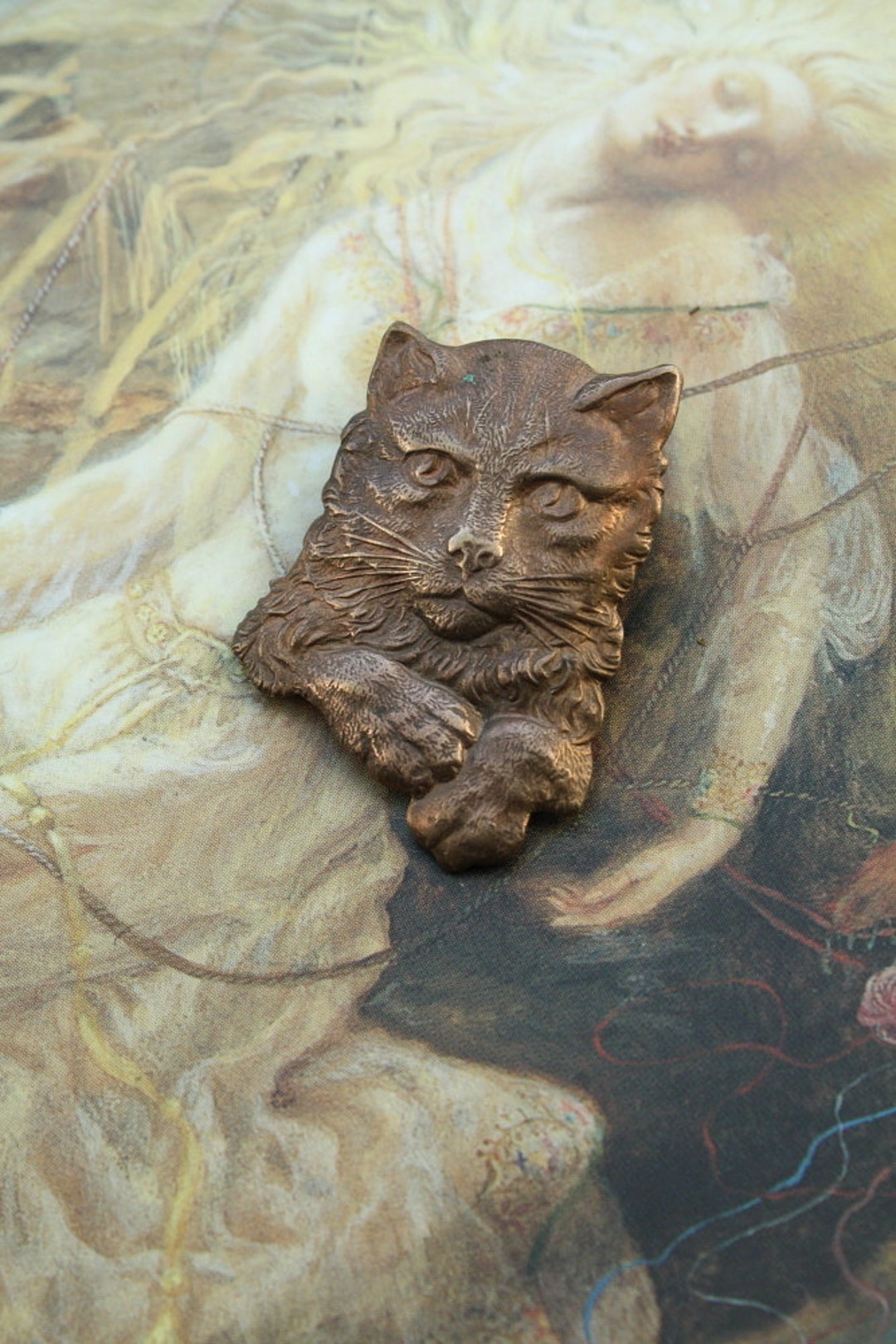 Vintage Old Brass Ornate Pouty Kitty Pendant Piece Findings Stampings ...