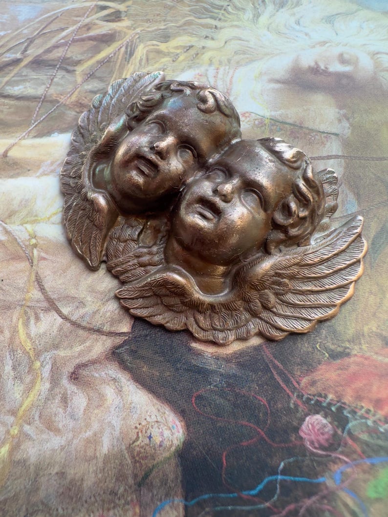 Vintage Rare Very Old Solid Brass Repousse Winged Double Cherub Cupid ...