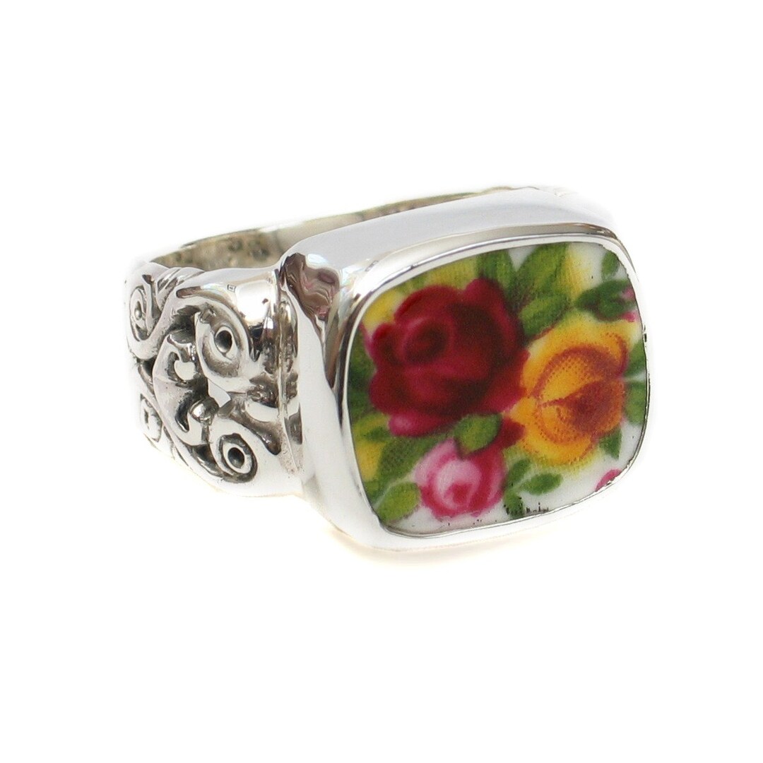 Size 7 Broken China Jewelry Old Country Roses Backstamp Sterling Ring ...