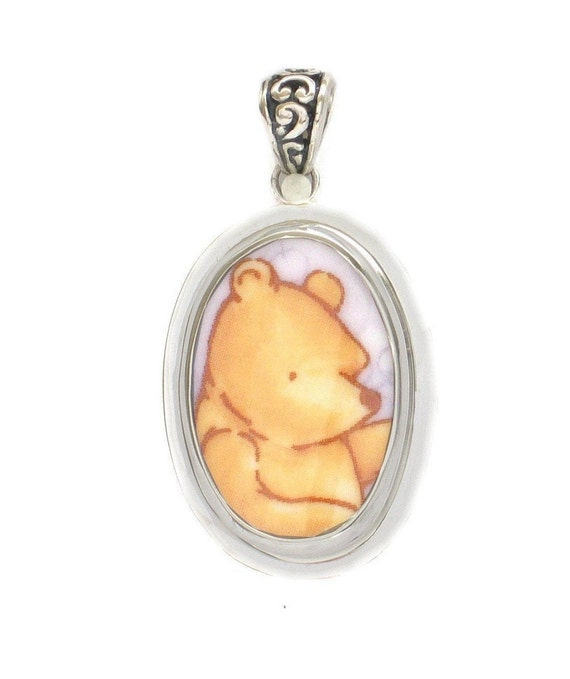 Broken China Jewelry Classic Pooh Bear Winnie the Pooh Close up Sterling Oval Pendant Etsy