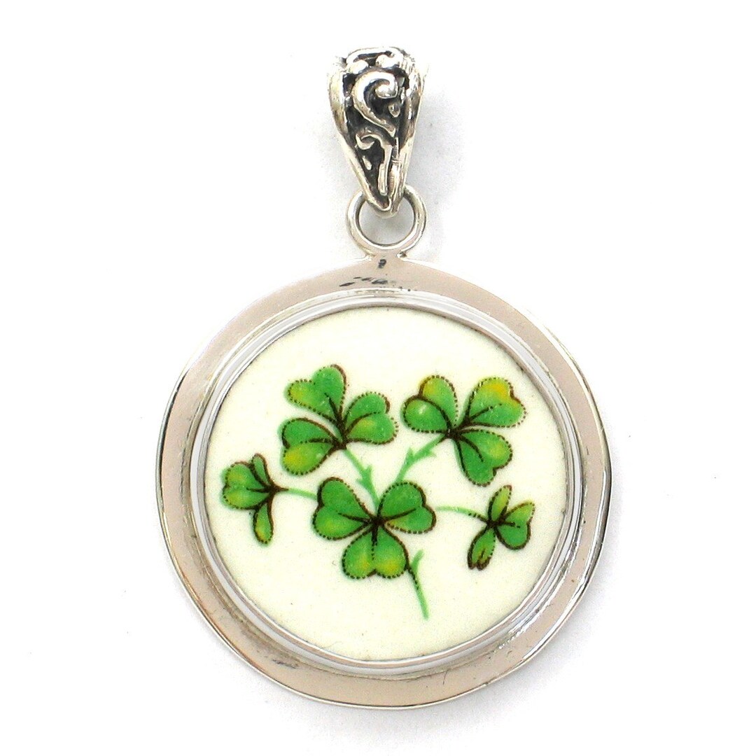 Broken China Jewelry Green Irish Shamrock Clover Sterling Circle ...