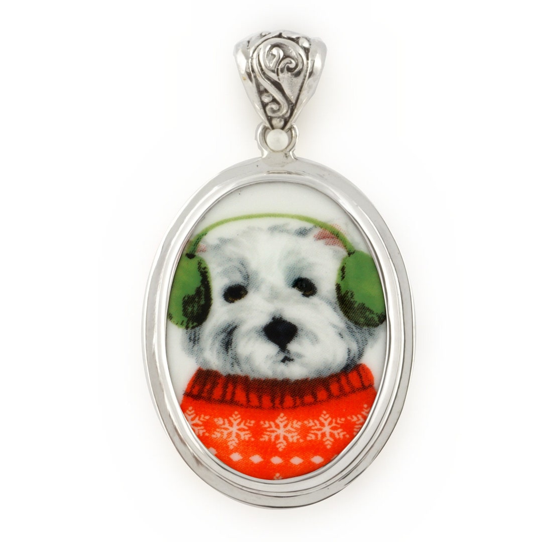 Broken China Jewelry Westie Winter Dog in Earmuffs and Sweater Sterling ...